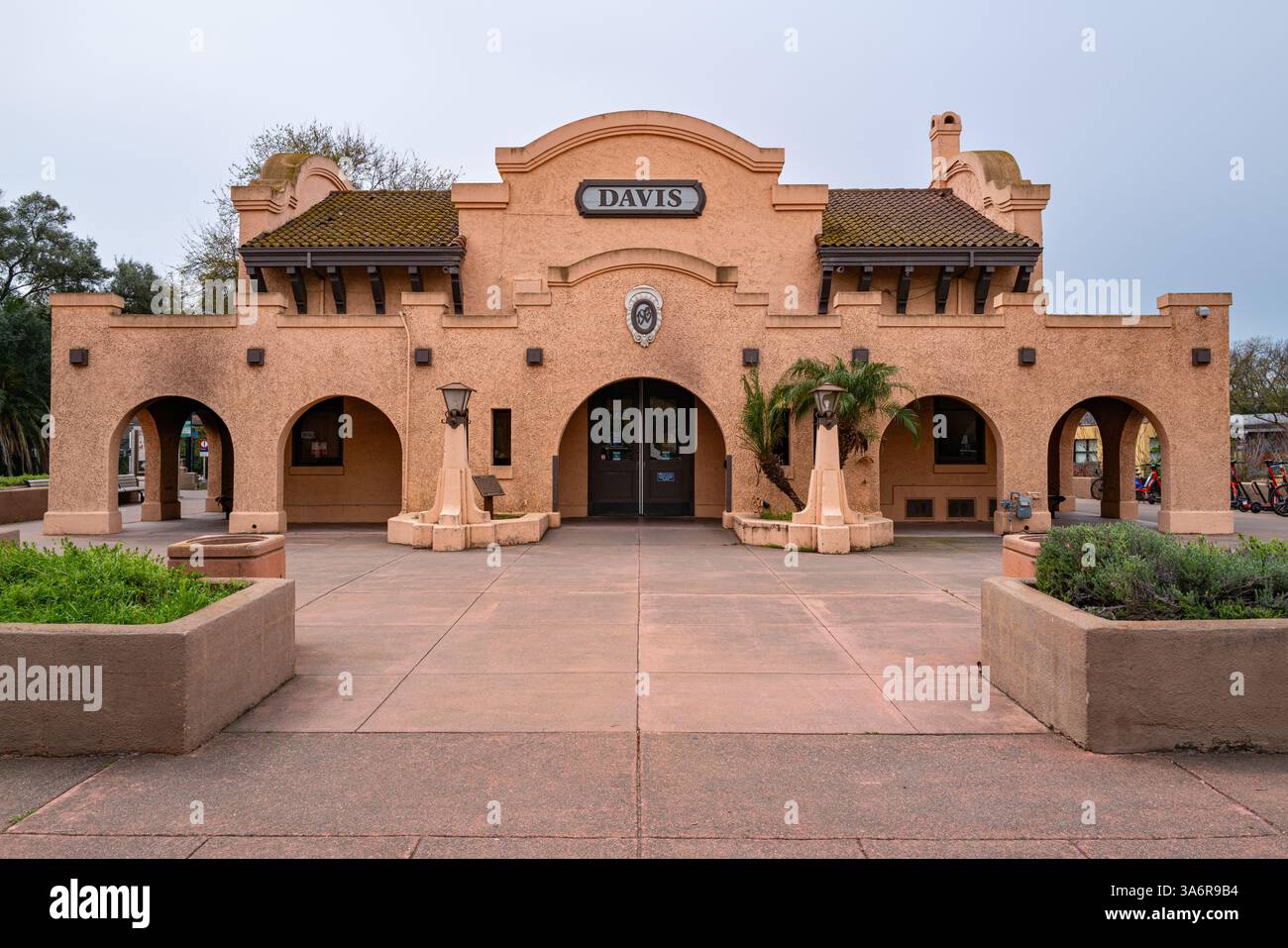 Exterior entrance the Amtrak train station in Davis, CA. The station ...