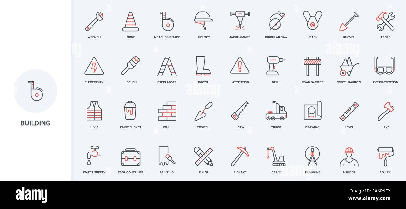 Construction site worker equipment and diy tools in box line icon set ...