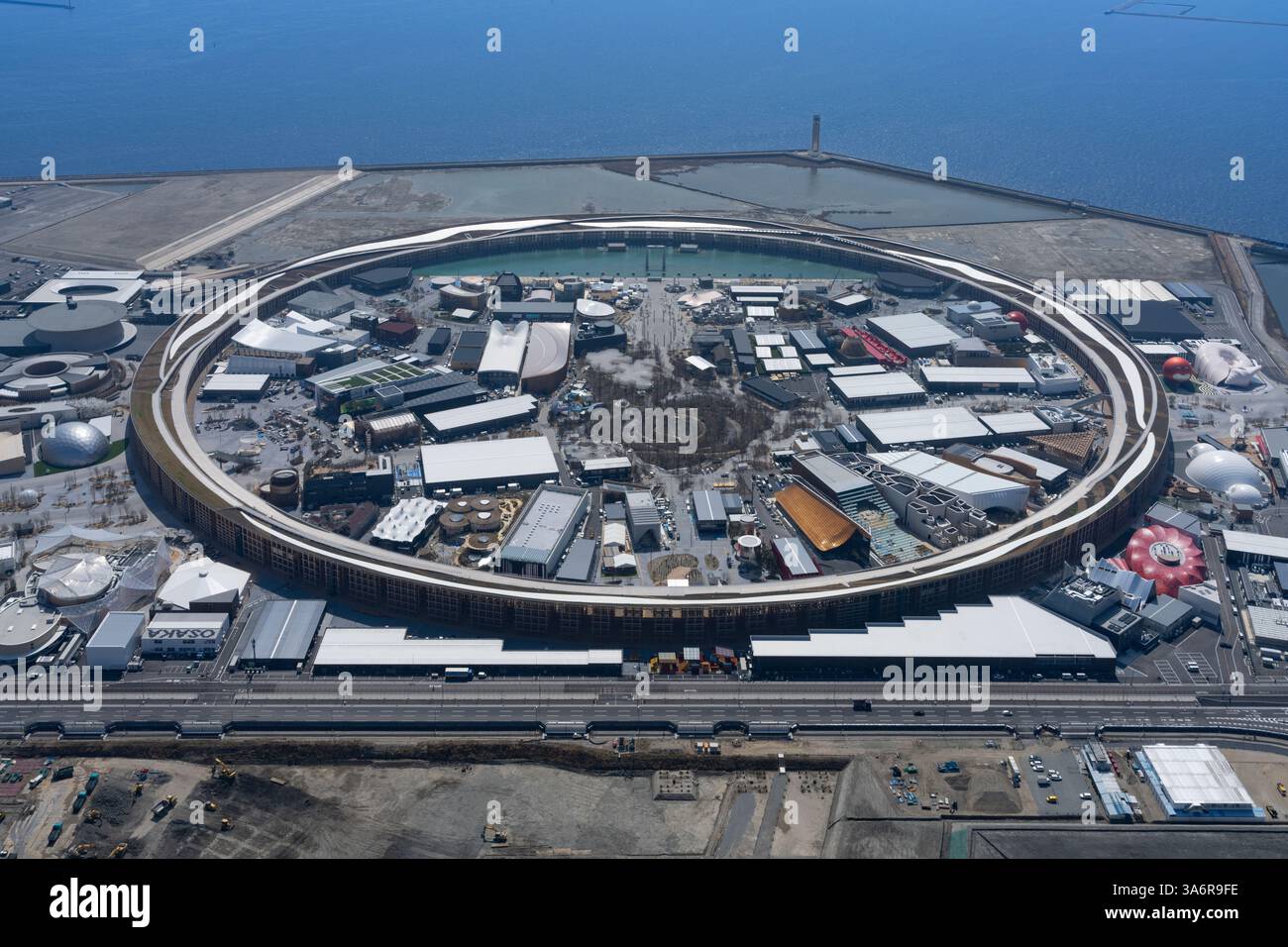 An aerial view of the Expo 2025 venue on Yumeshima island in Osaka ...