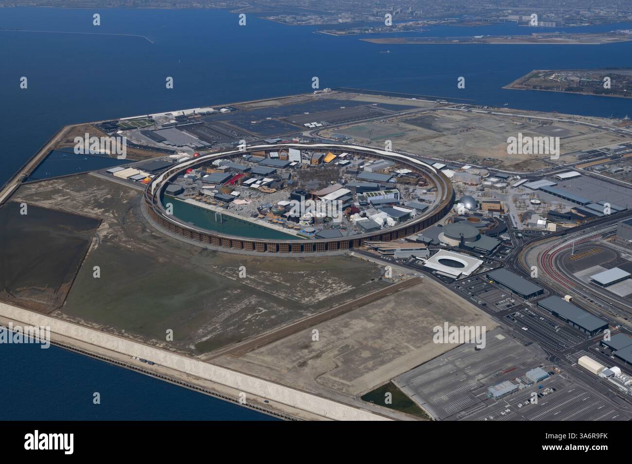 An aerial view of the Expo 2025 venue on Yumeshima island in Osaka ...