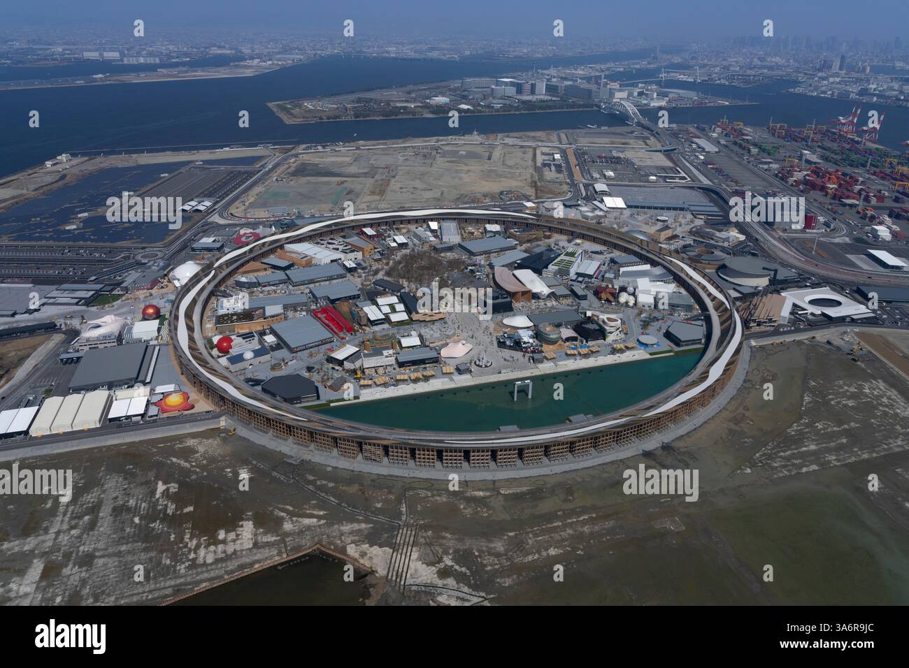 An aerial view of the Expo 2025 venue on Yumeshima island in Osaka ...