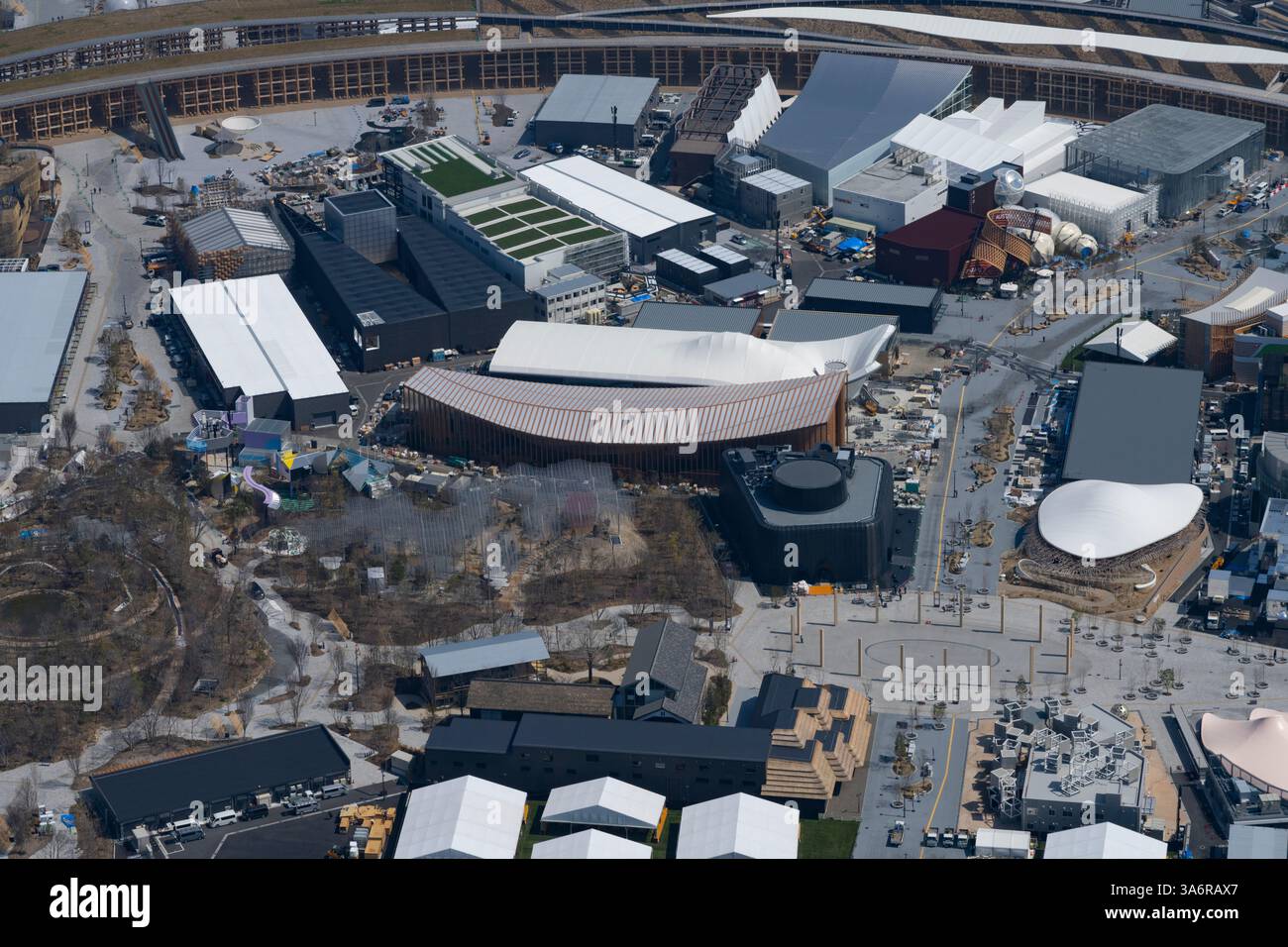 An aerial view of the Expo 2025 venue on Yumeshima island in Osaka ...