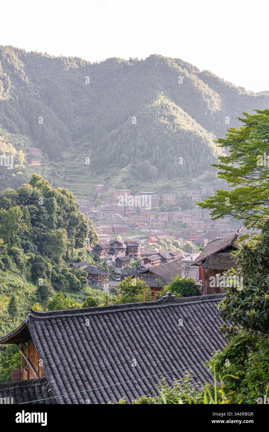 Aerial view of ancient remote village in Guizhou, China, background ...
