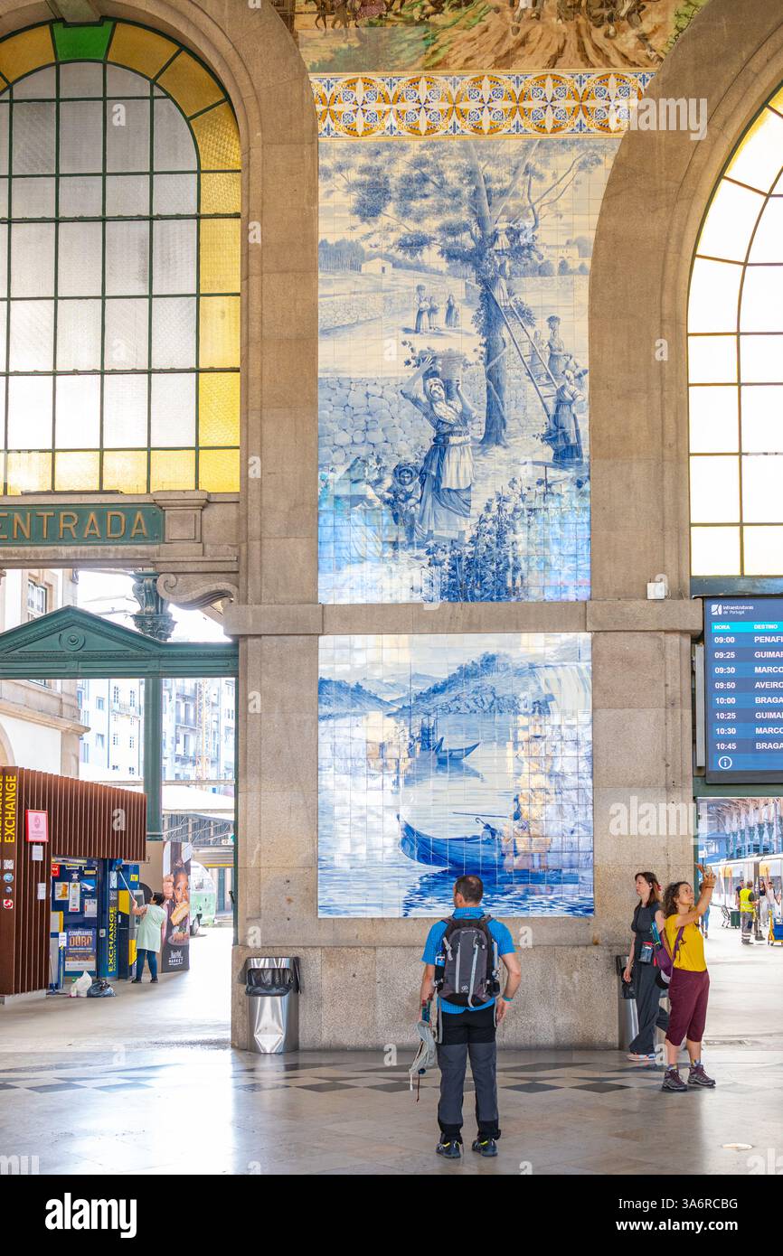 Some of the famous blue tiles known as azulejos at the São Bento ...