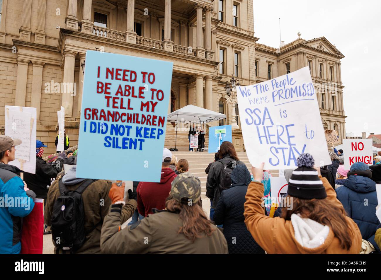 Lansing, USA. 04th Mar, 2025. Protesters attend a "March Forth" rally ...