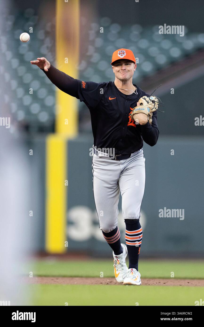 Detroit Tigers shortstop Trey Sweeney throws to first during the sixth ...