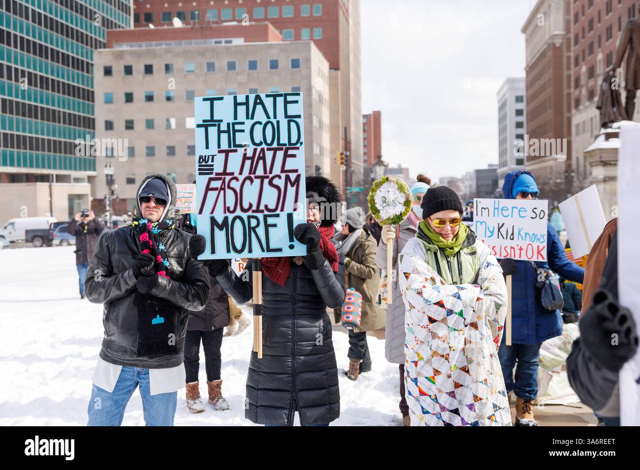 Lansing, USA. 17th Feb, 2025. Hundreds of protesters gathered on the ...