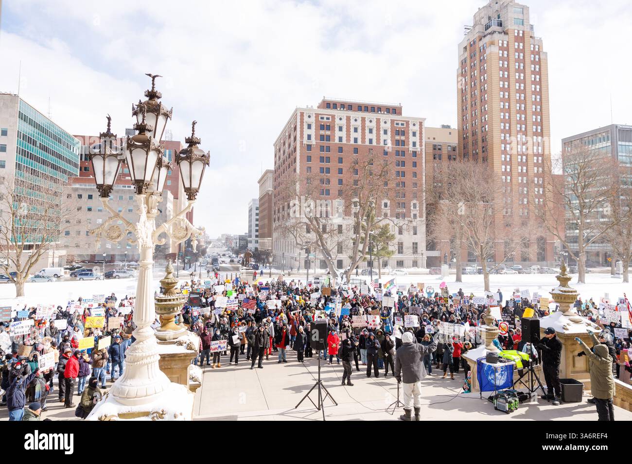 Lansing, USA. 17th Feb, 2025. Hundreds of protesters gathered on the ...