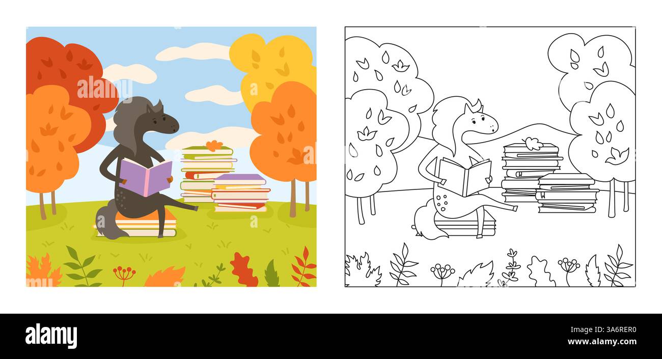 Horse reading book autumn landscape coloring book for kids cartoon ...