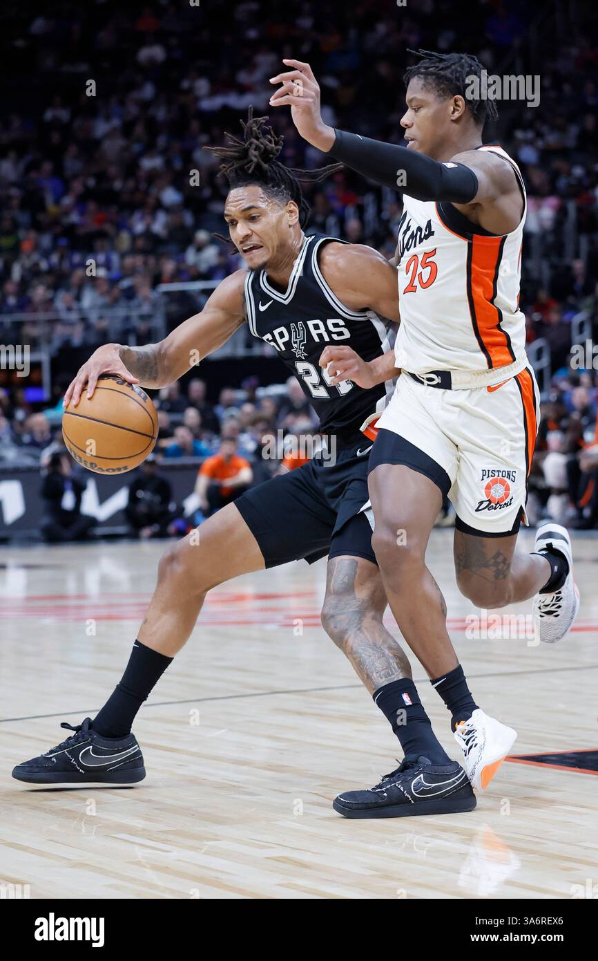 San Antonio Spurs guard Devin Vassell (24) is blocked from going to the ...