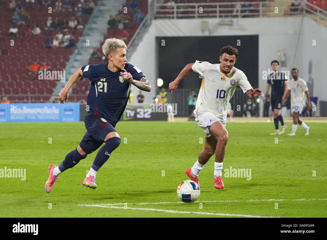 Bangkok, Thailand. 25th Mar, 2025. SUPHANAN BUREERAT #21 of Thailand(blue), control the ball ...