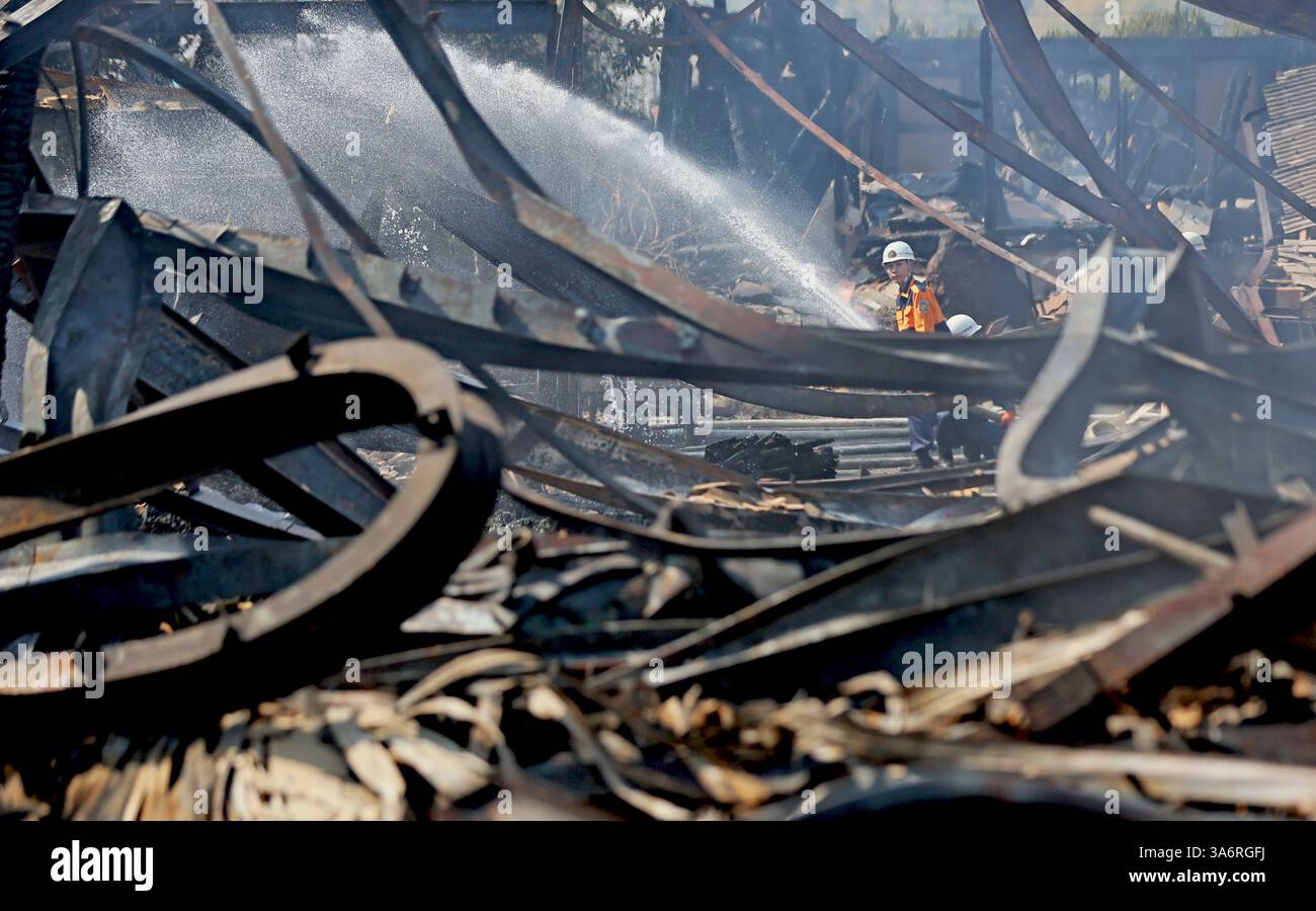 A photo shows burnt houses due to forest fire in Imabari City, Ehime ...