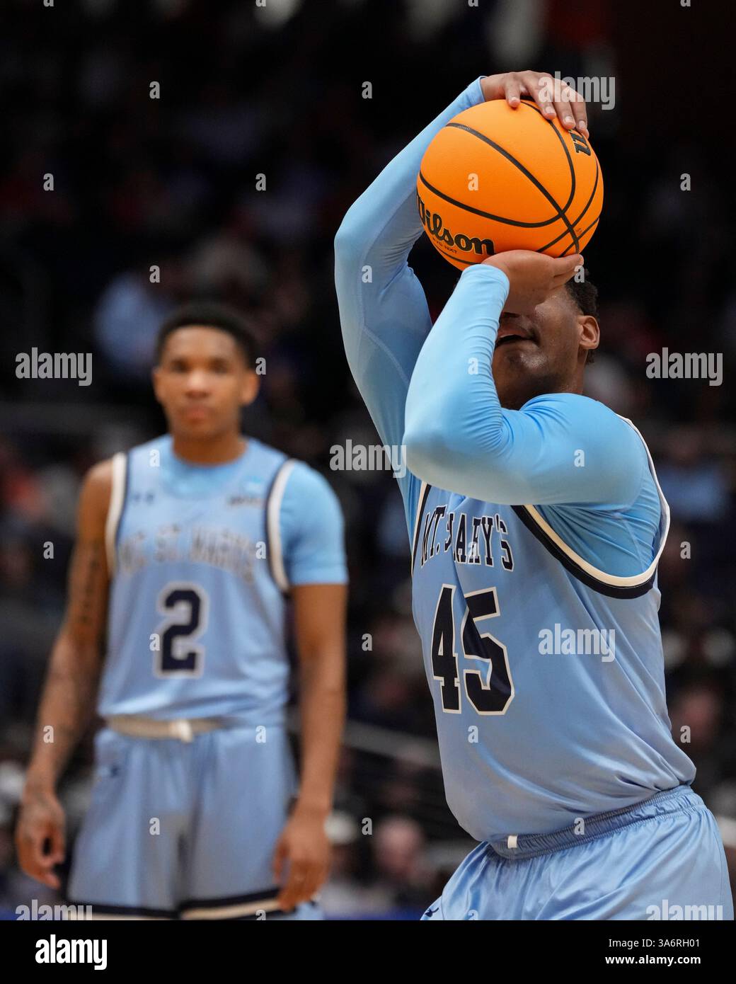 Mount St. Mary's guard Xavier Lipscomb (45) looks to shoot during a ...