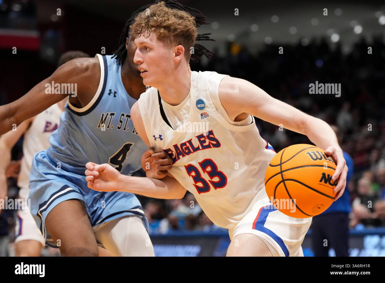 American University forward Matt Mayock (33) controls the ball against ...