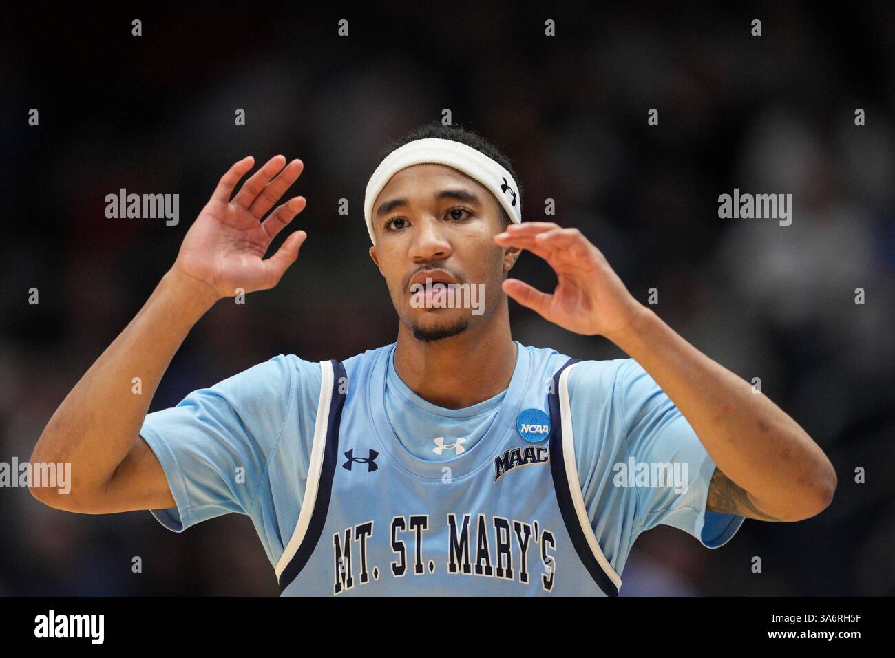 Mount St. Mary's guard Dallas Hobbs (8) reacts during a First Four ...