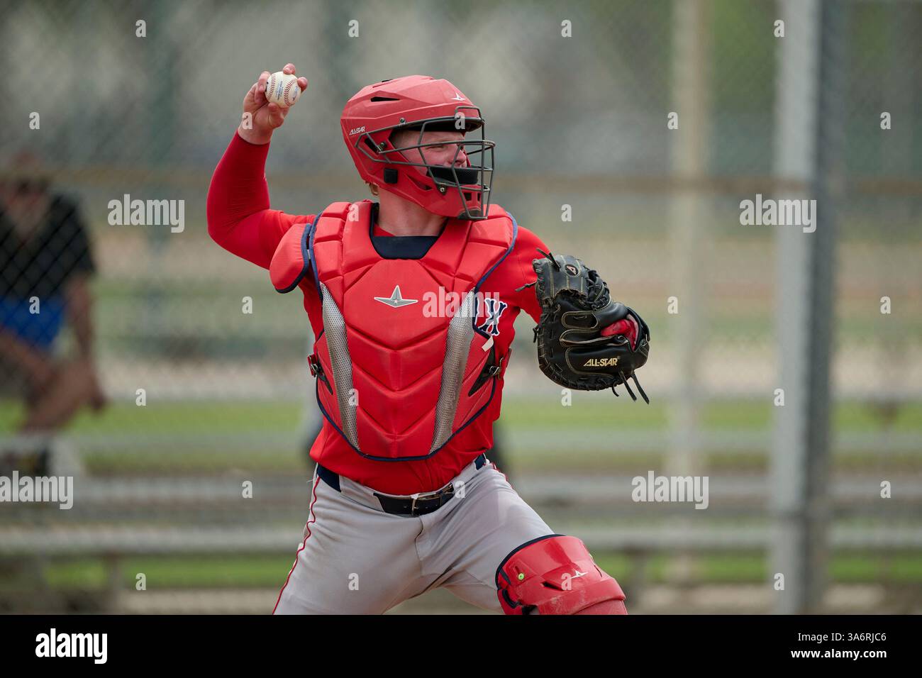 Boston Red Sox catcher Hudson White (63) throws down to second base ...
