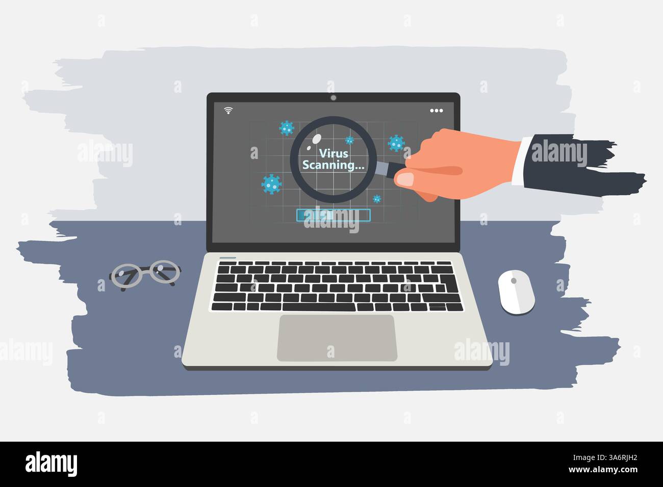Virus scanning process on a laptop and hand holding a magnifying glass ...