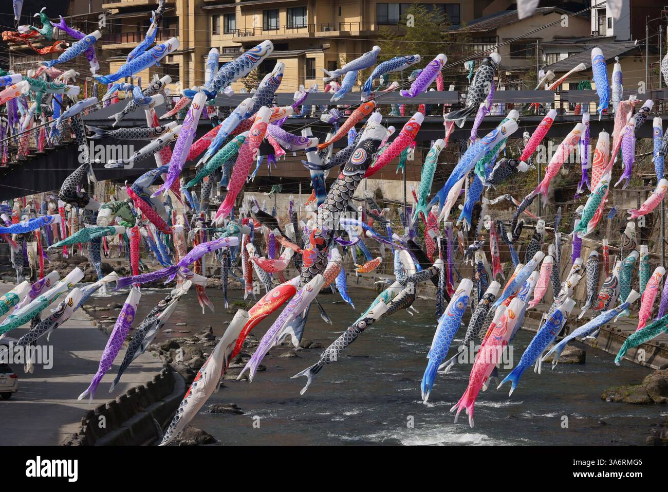 Approximately 3,000 colorful carp streamers sway in the wind over the ...