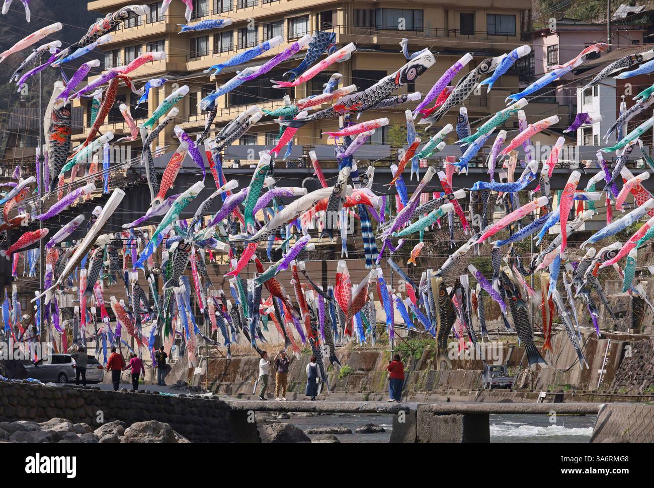Approximately 3,000 colorful carp streamers sway in the wind over the ...