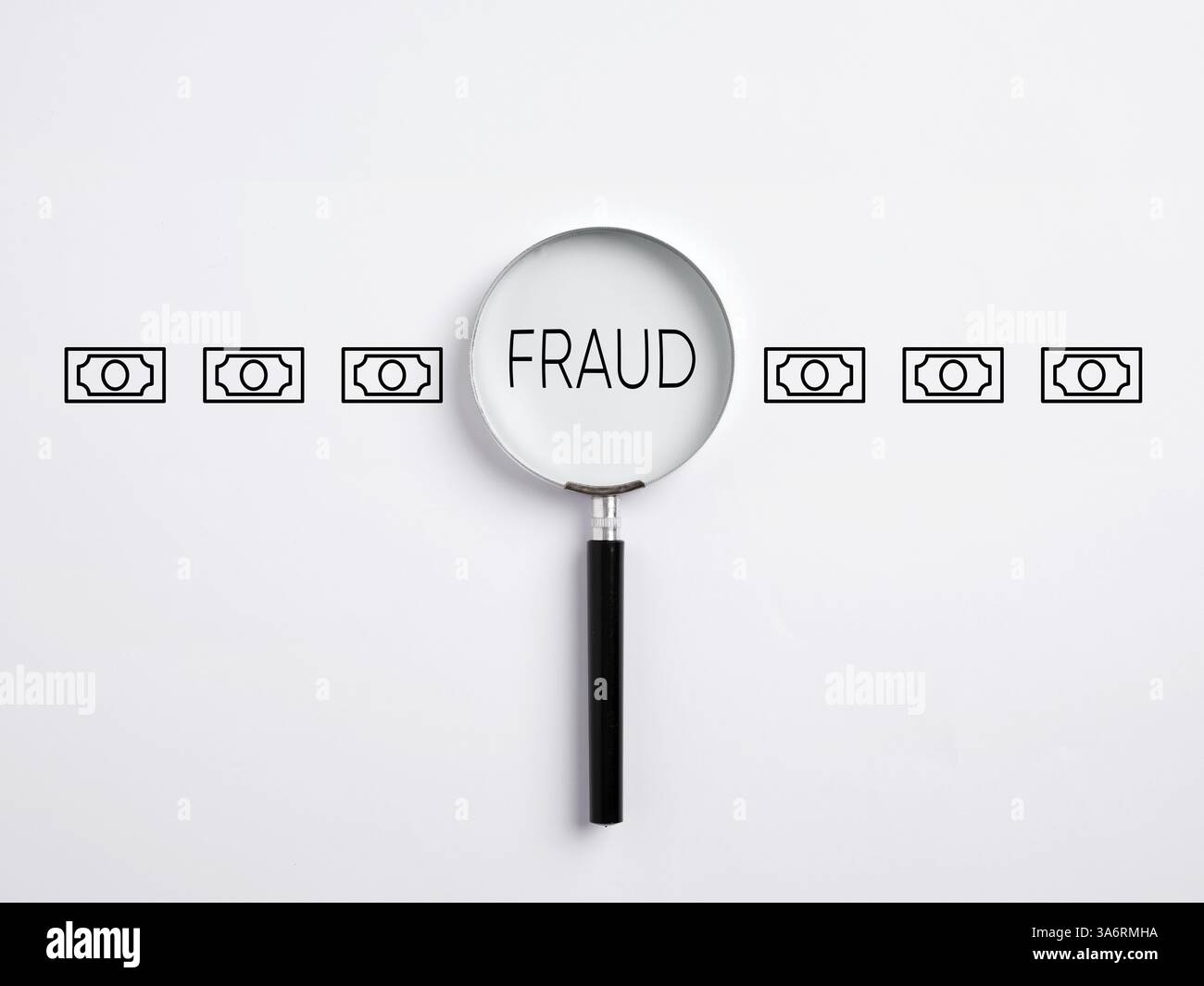 Fraud detection and prevention concept. Magnifying glass with money ...