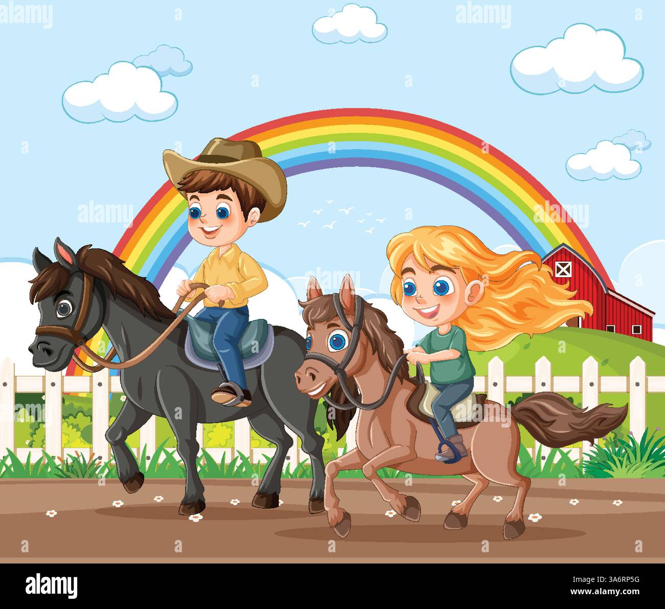 Two joyful kids riding horses near farm with colorful rainbow Stock ...