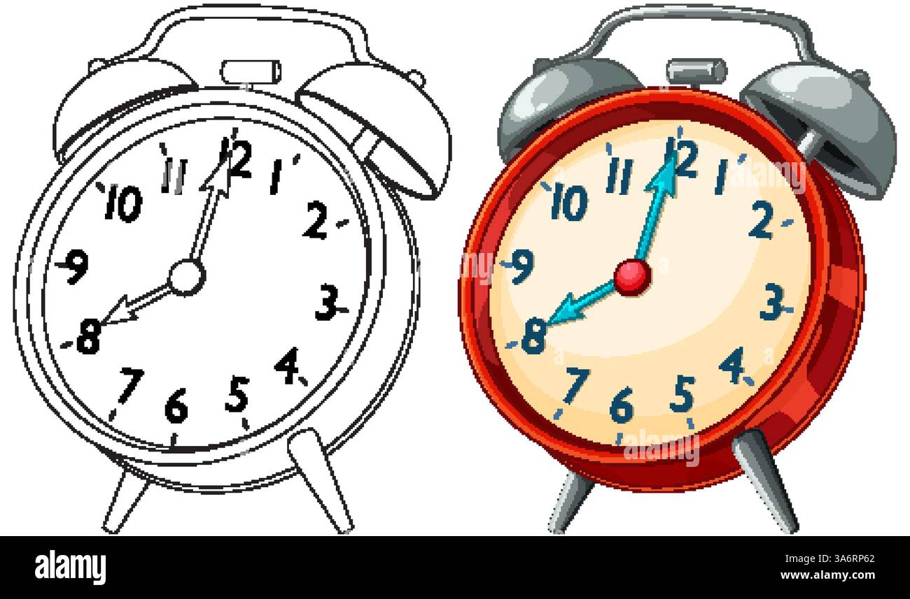 A detailed vector illustration of a classic alarm clock, featuring ...