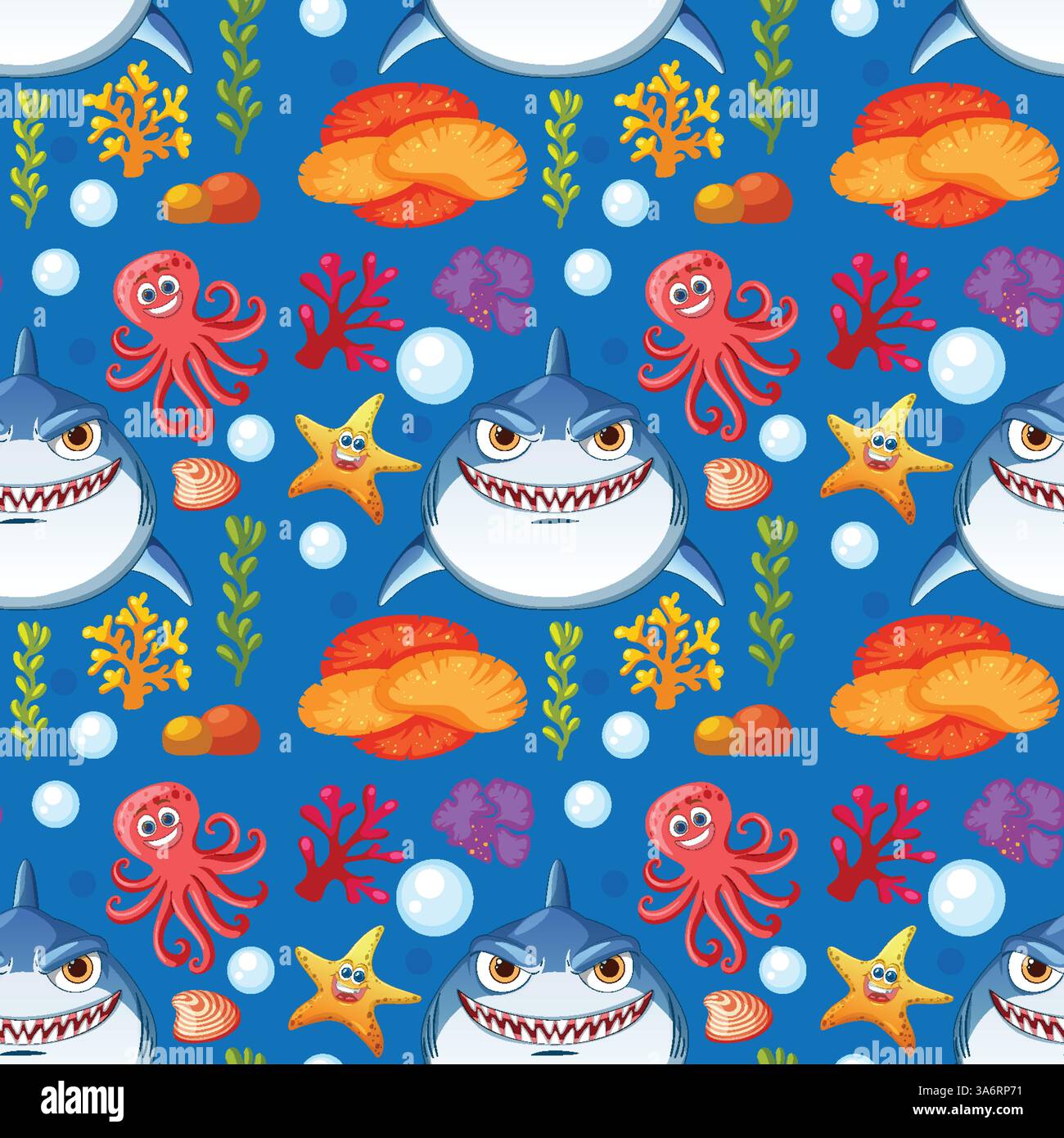 Colorful marine life with sharks, octopuses, and starfish Stock Vector ...