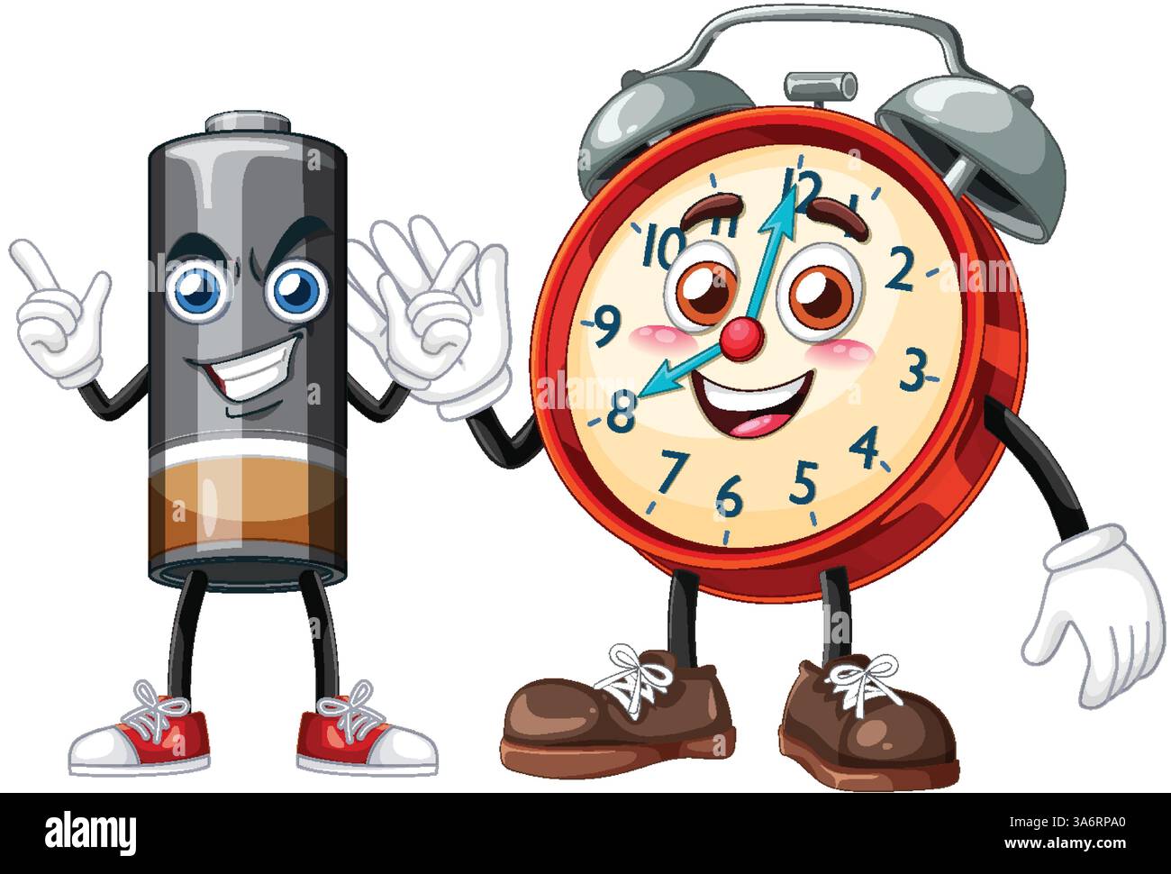 Vector illustration of animated battery and clock with expressive faces ...
