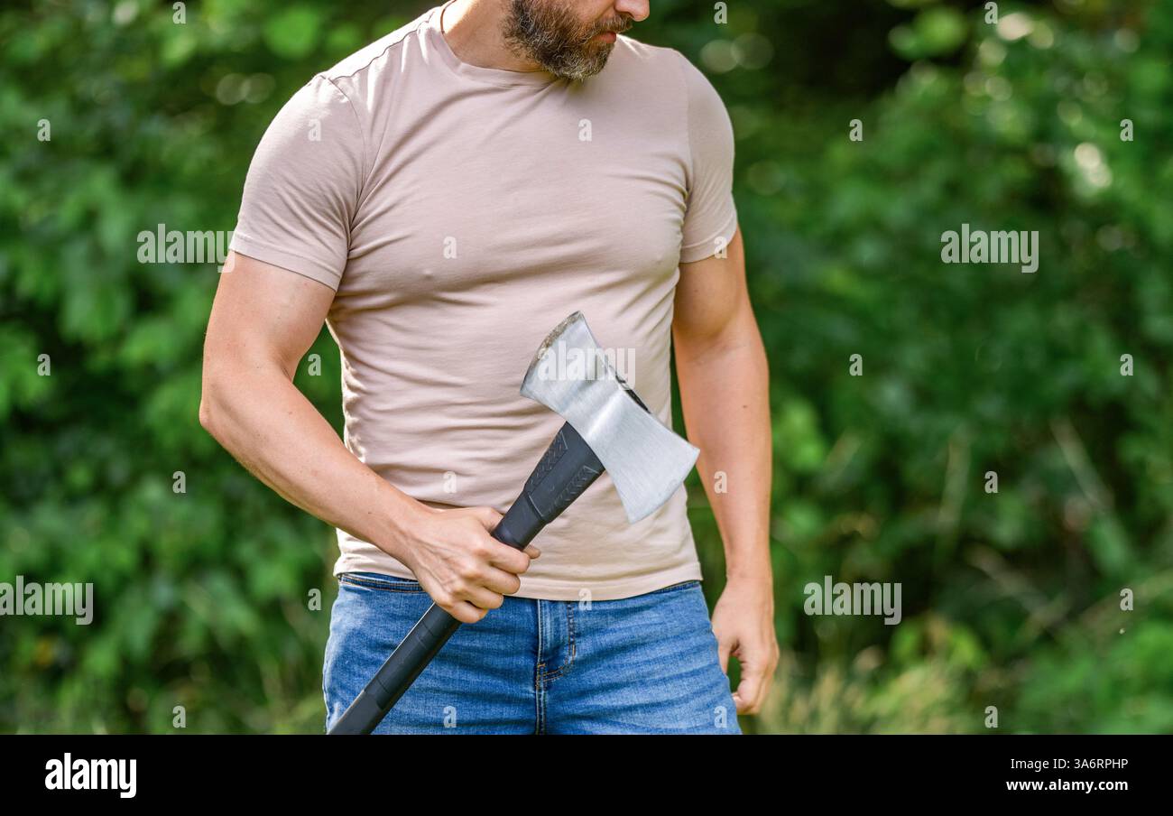 Lumberjack hardworking outdoor. Brutal lumberjack. Brutality and ...