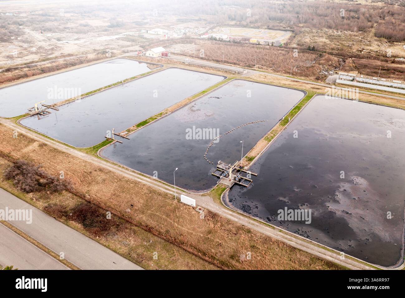 Sewage ponds aerial view, water purification process and environmental ...