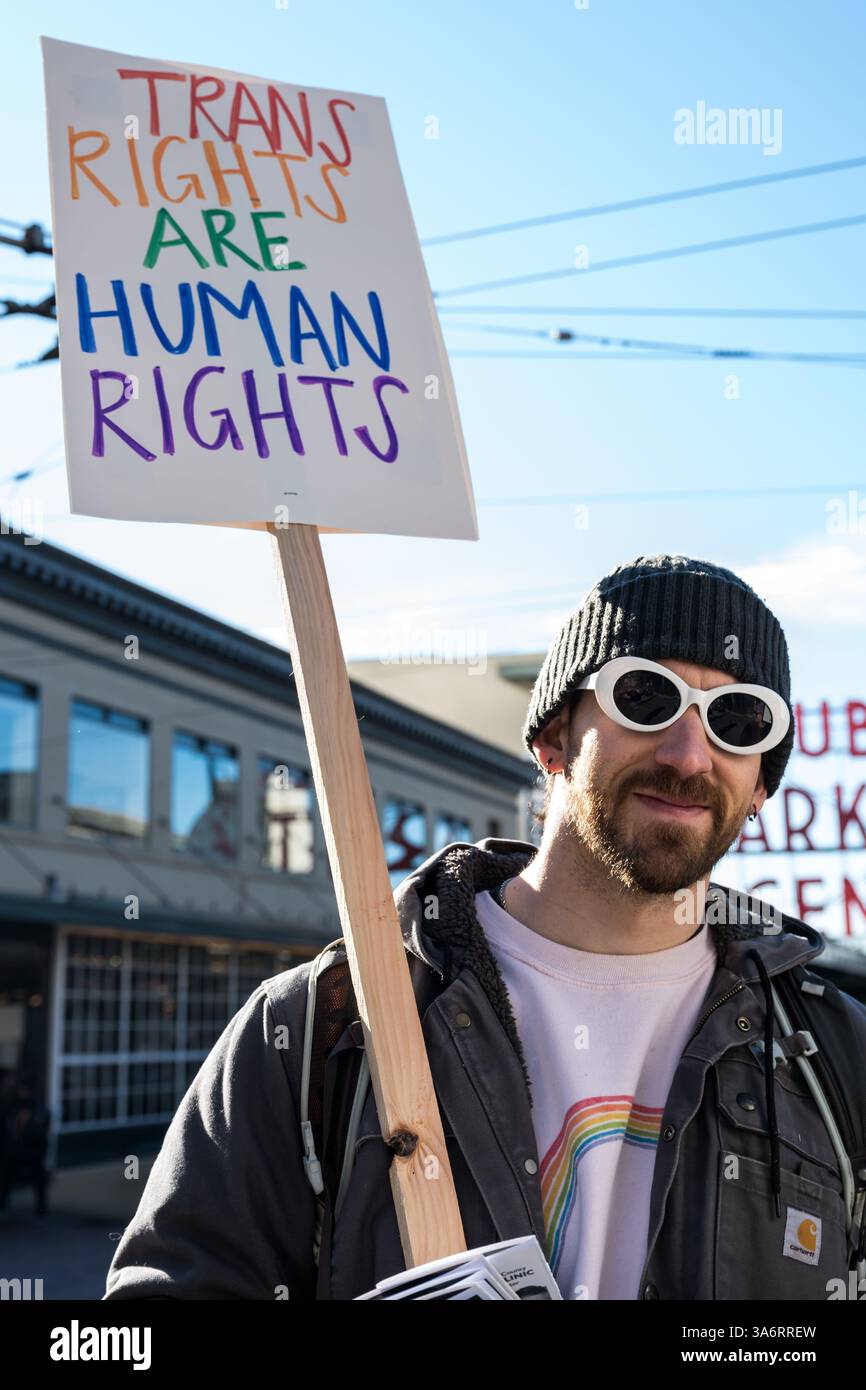 Seattle, USA. 26th Jan 2025. Pro immigration and trans rights folks at ...