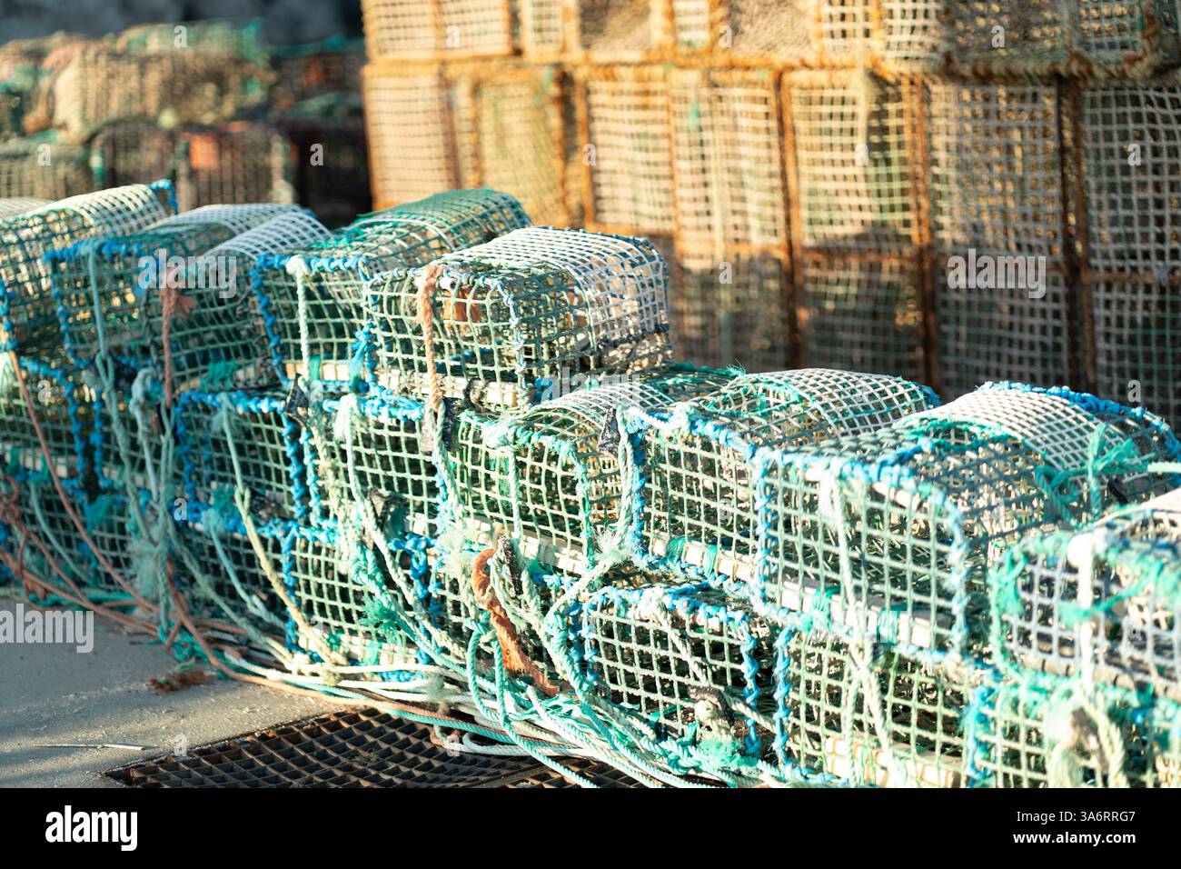 Stack of traditional lobster traps on coastal waterfront, used for ...
