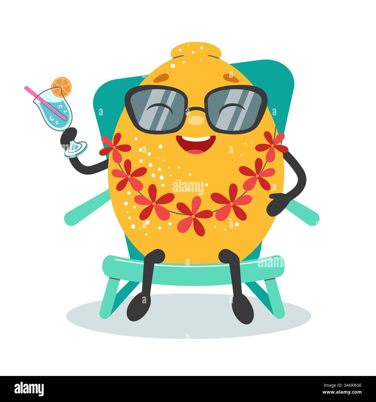 Funny lemon character on vacation. Relaxing in a chair with a drink ...