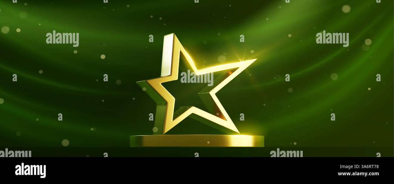 3d gold star award trophy on green wavy background. Realistic shiny ...
