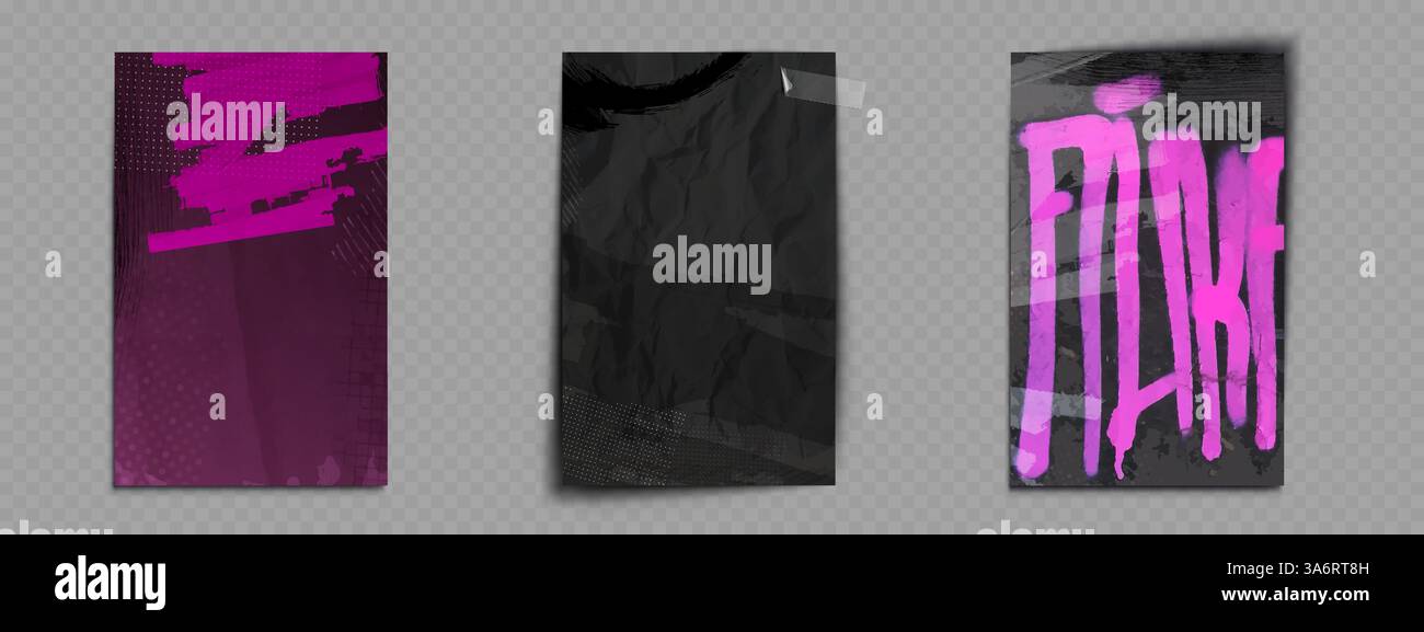 Punk grunge posters with halftone elements on transparent backdrop ...