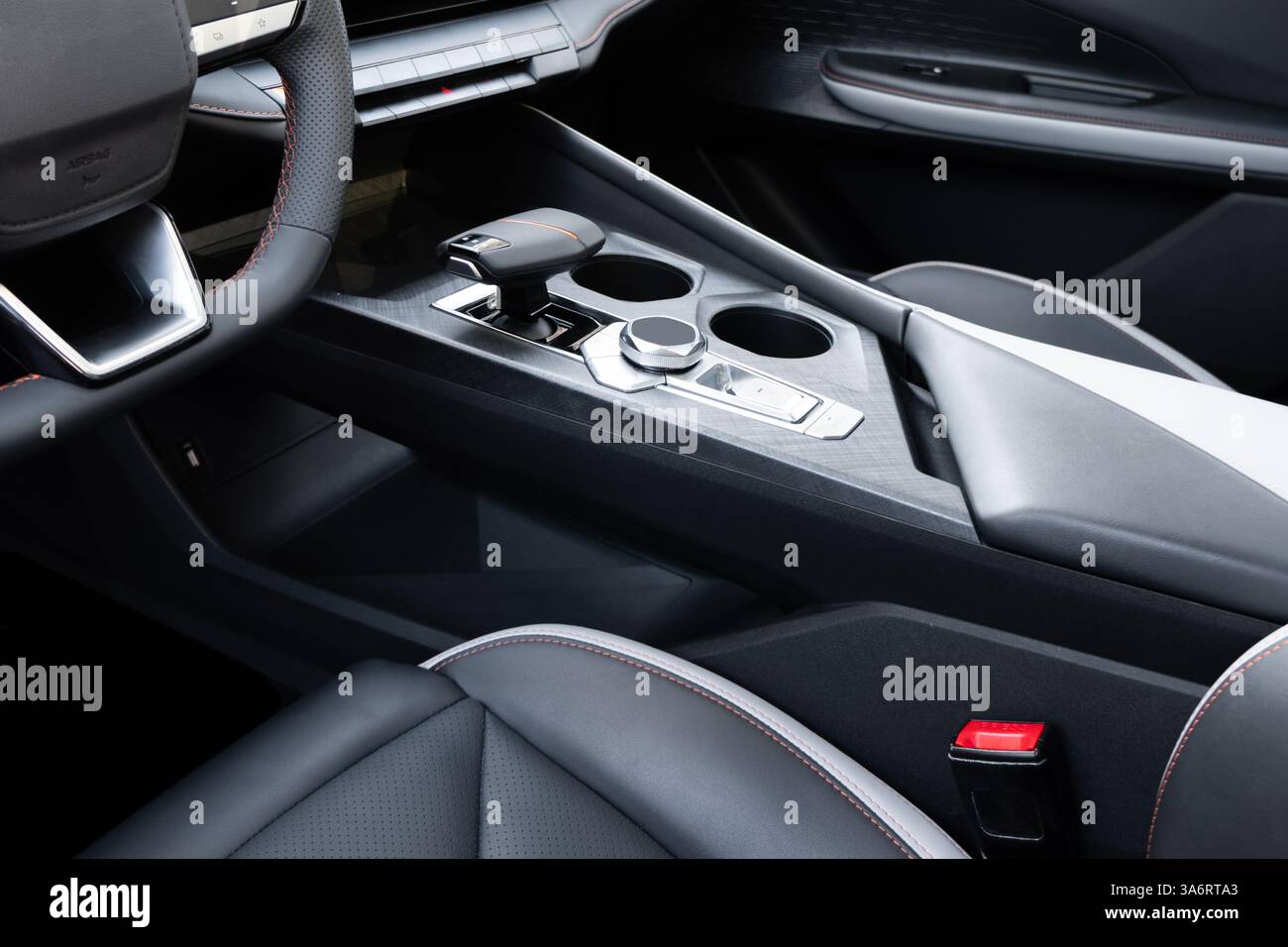Automatic transmission shift selector in the modern car black leather ...