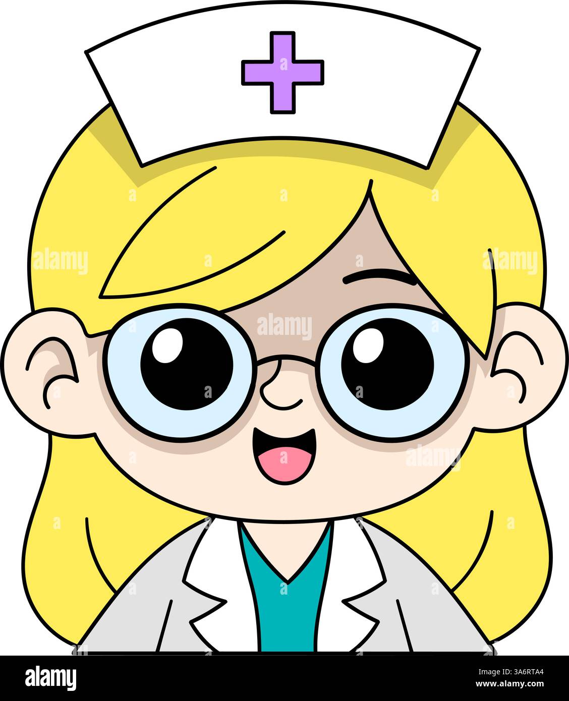 This image shows a smiling nurse character with long blonde hair, round ...