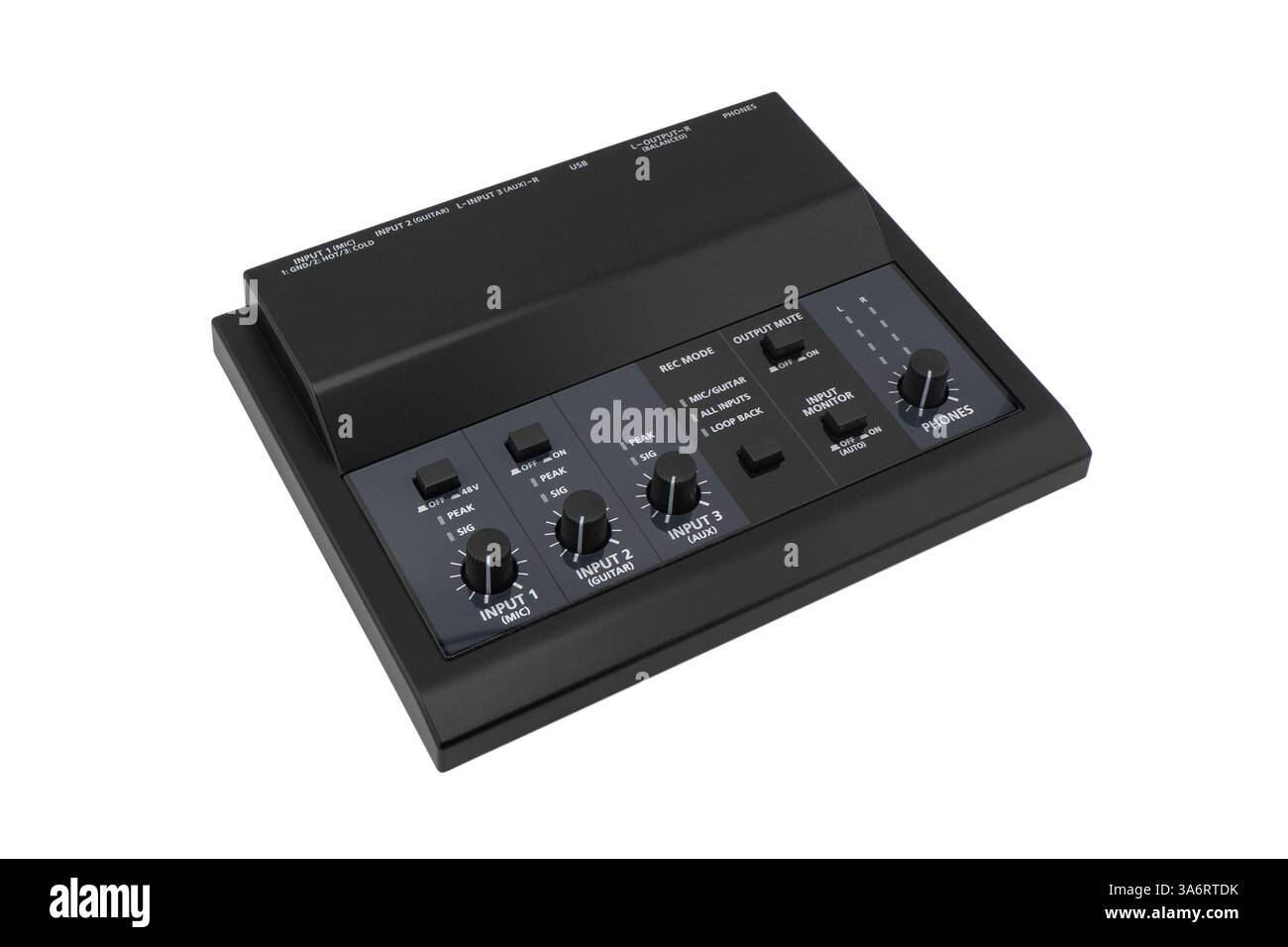 Interface with dials and button for control sound. External sound card ...