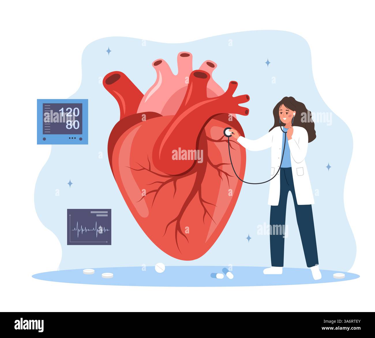 Cardiologist concept. Medical check up. Female Doctor listening to big ...
