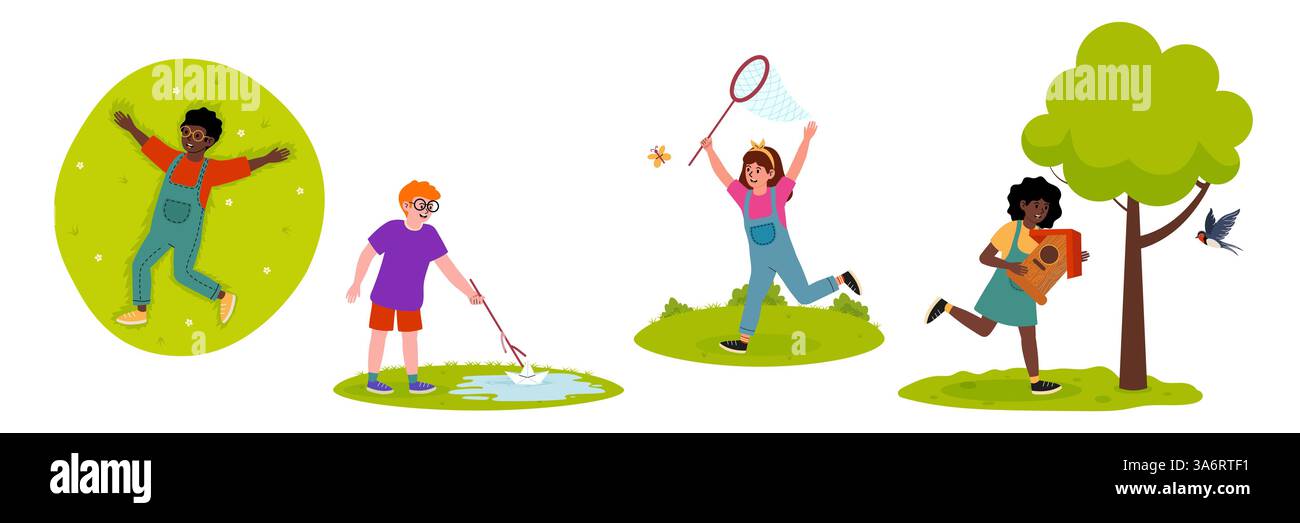 Kids are playing outside in a park, exploring nature, and engaging in ...