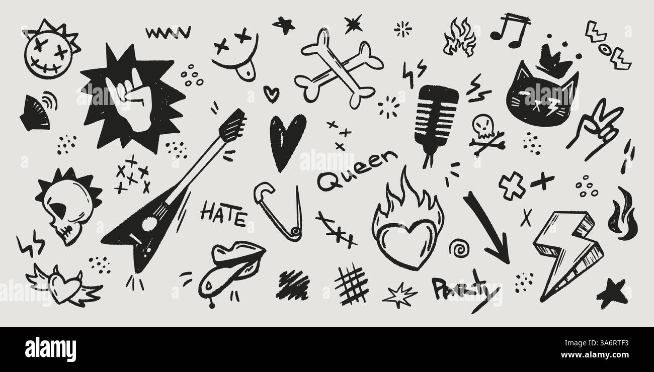 Black punk rock icons set isolated on white background. Vector ...