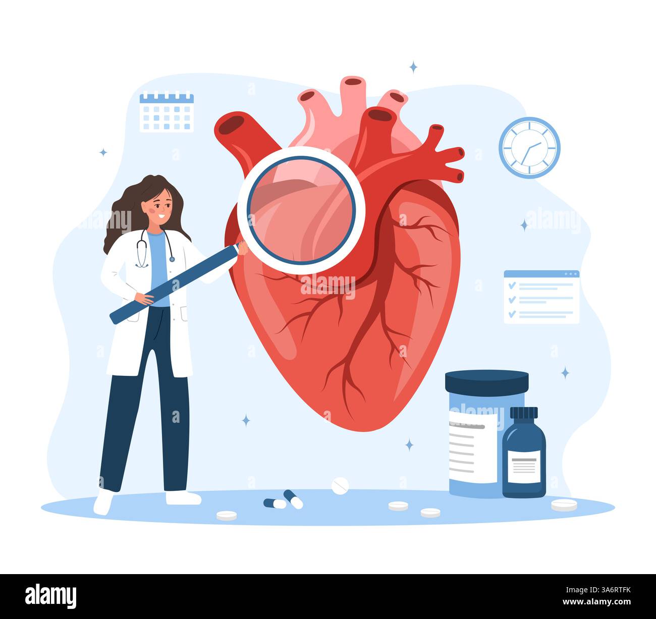 Cardiologist concept. Heart health. Female doctor with large magnifier ...