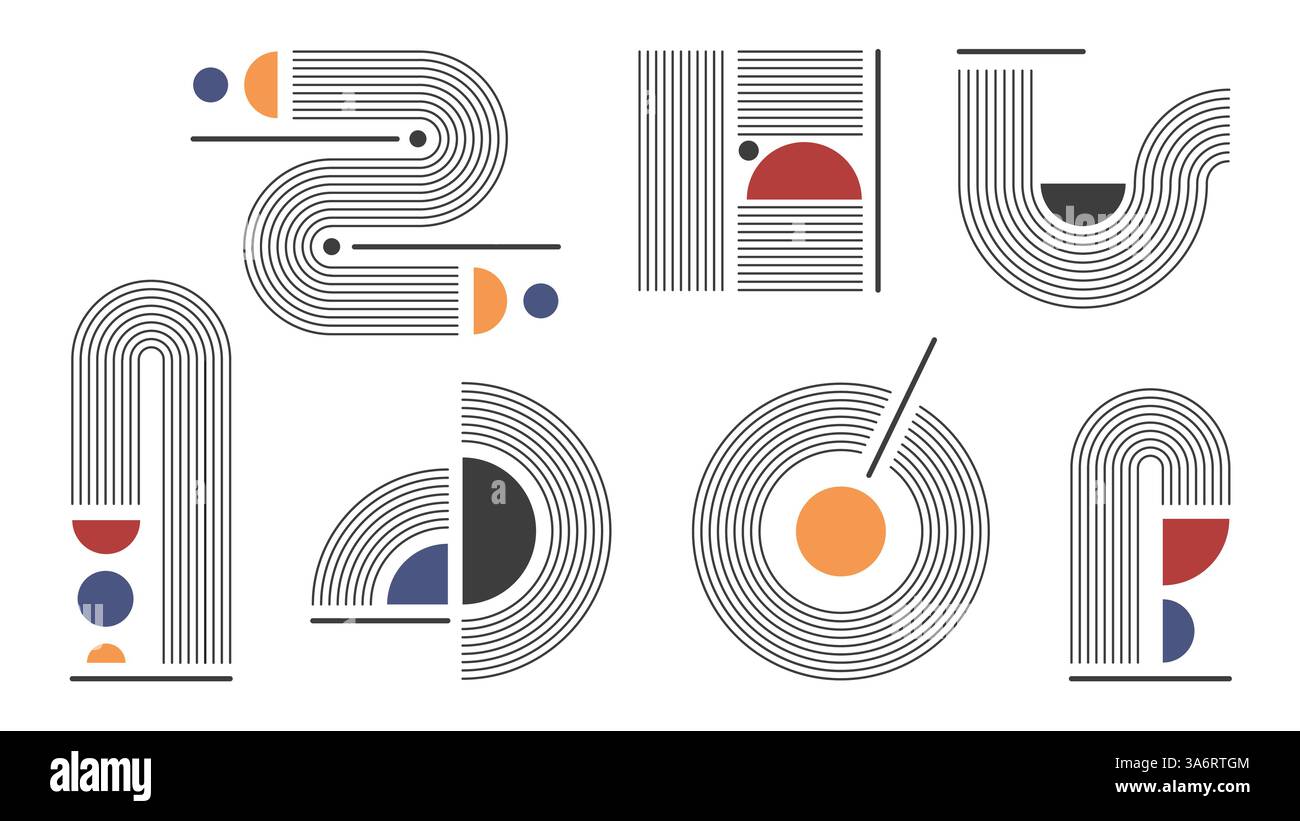 Abstract mid century modern geometric shapes - minimal black line art ...