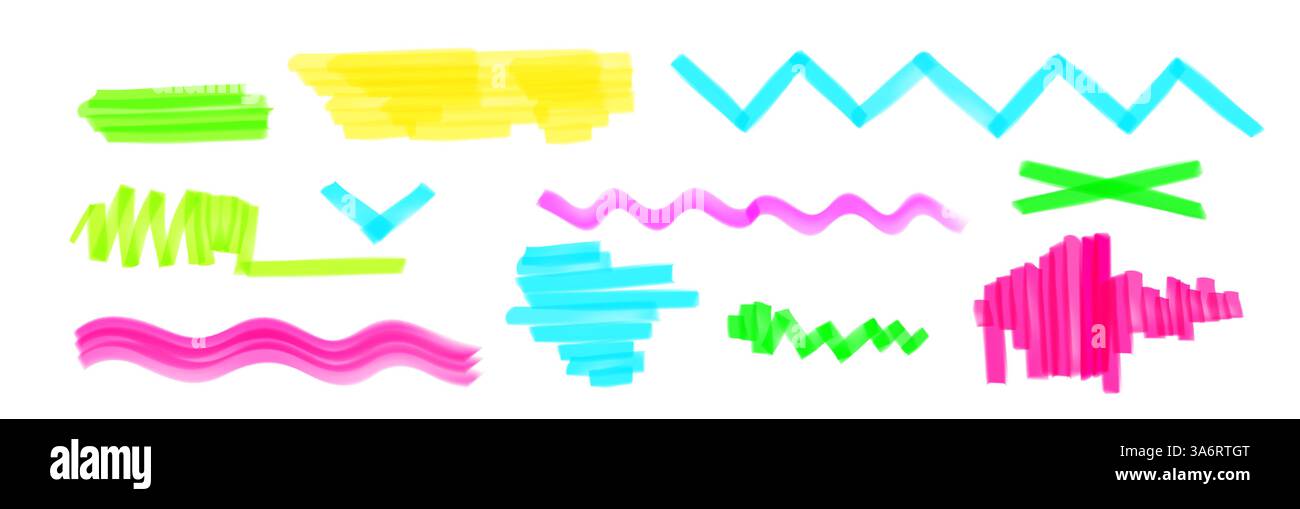 Bright colorful highlight marker strokes and lines - vivid neon colors ...