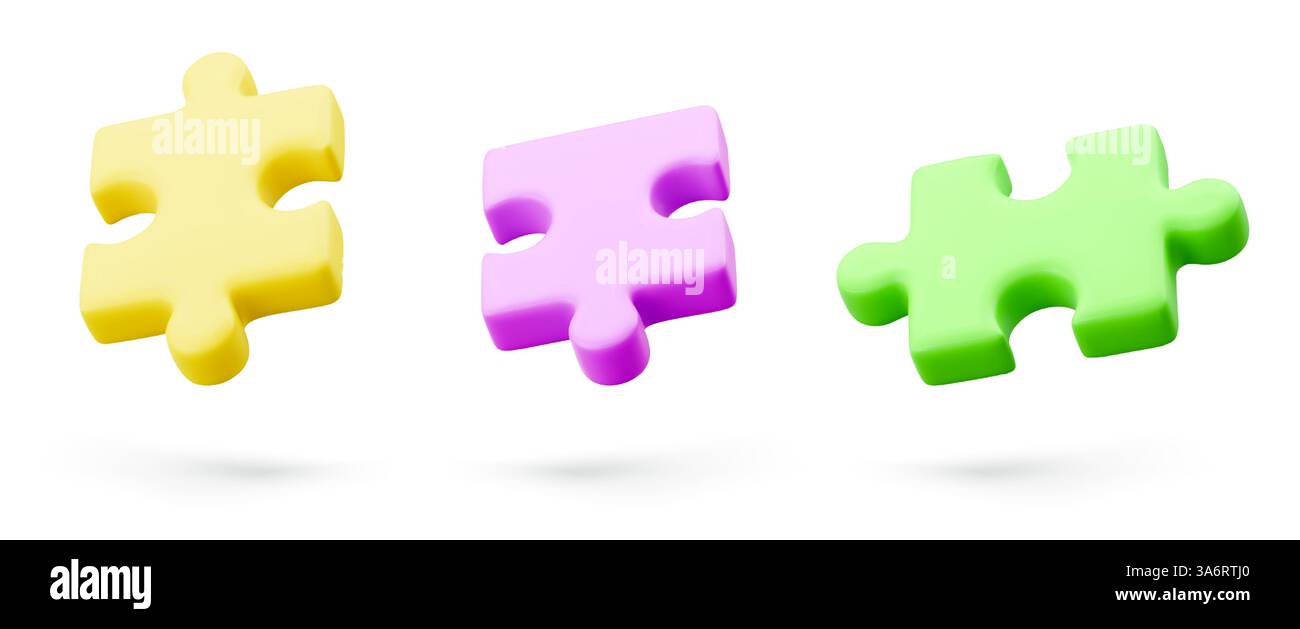 Colorful 3d puzzle pieces in pastel yellow, pink and green hues. Glossy ...