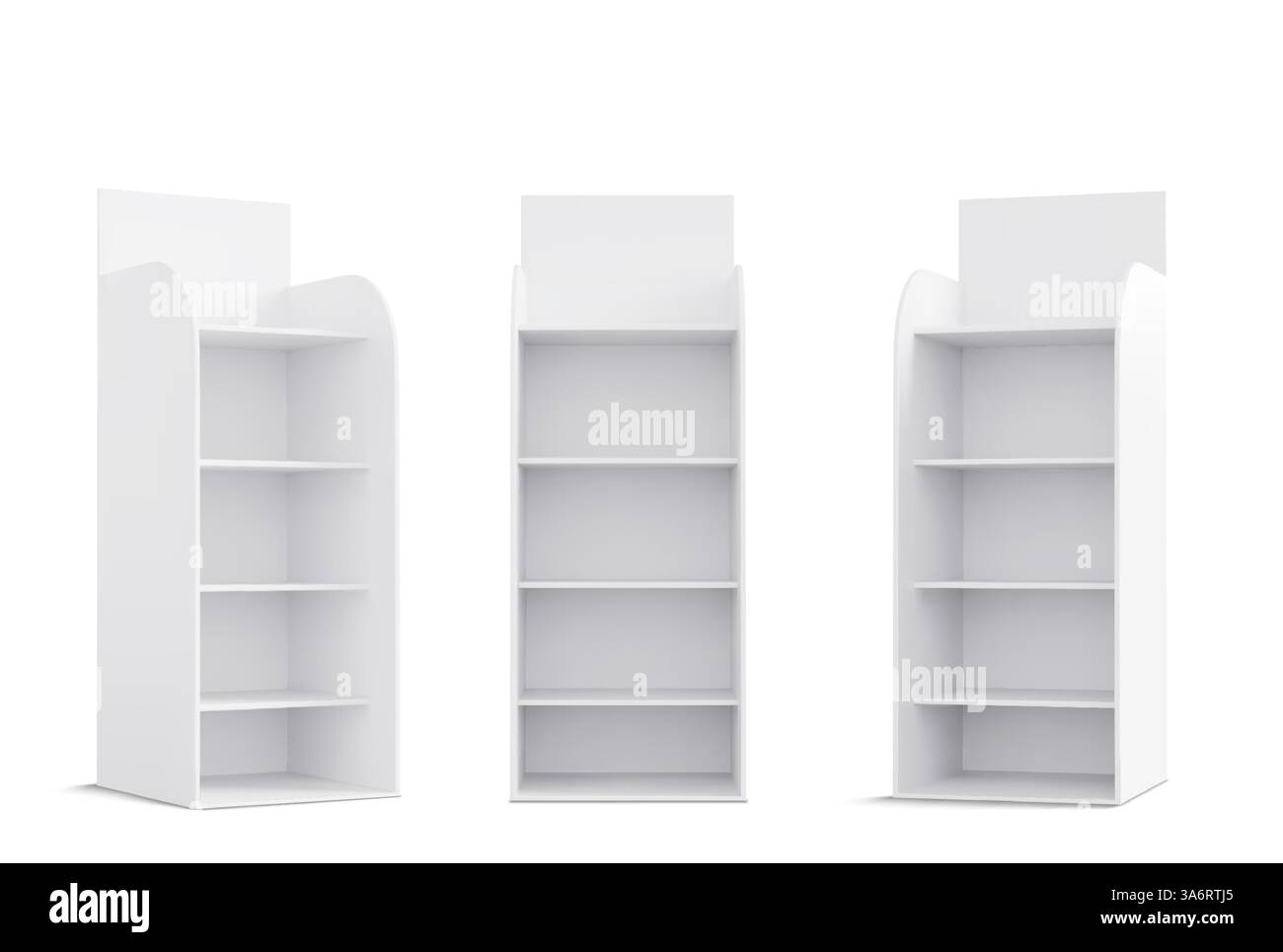 Set of blank white cardboard display racks with various view angles ...