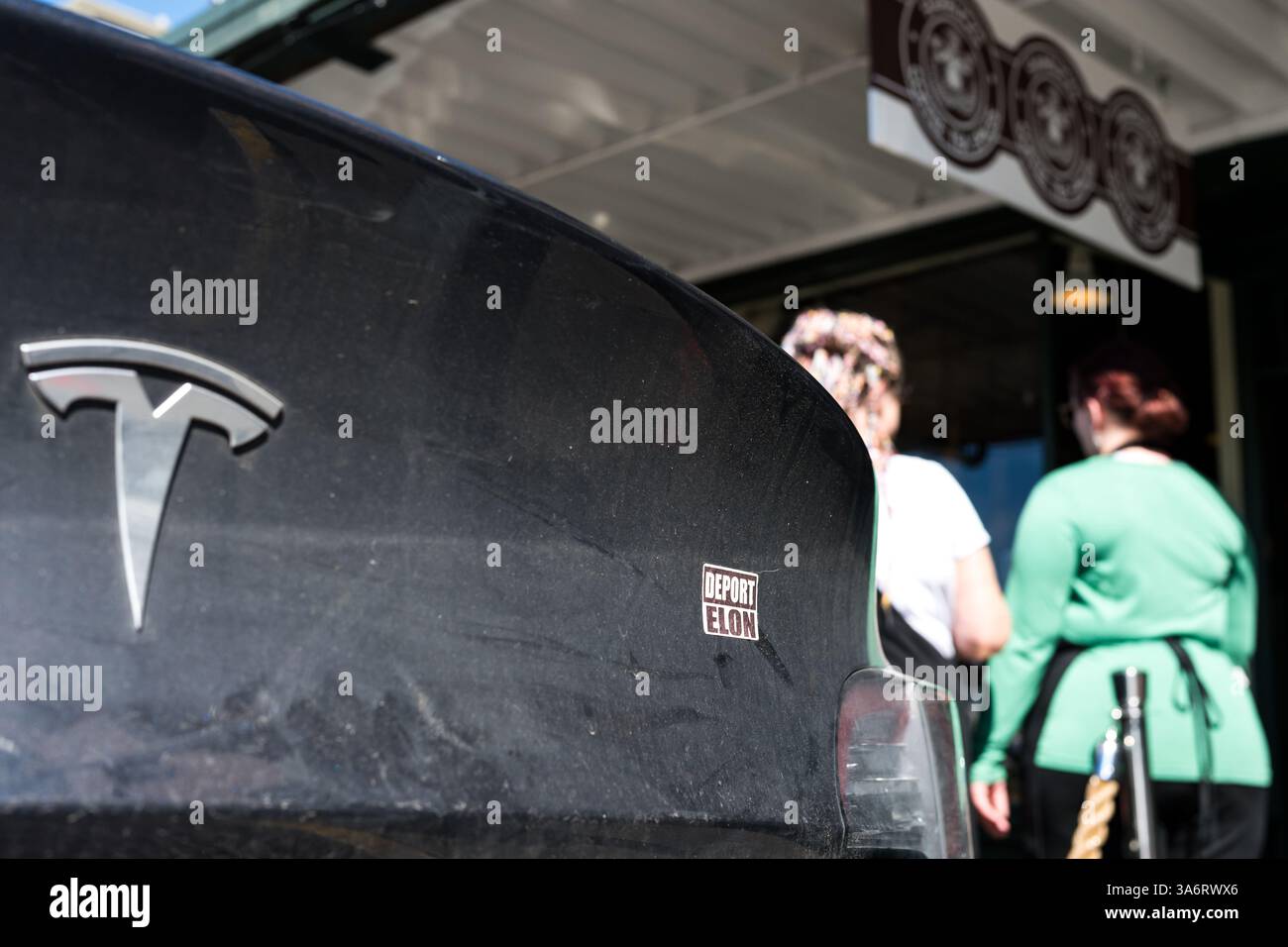 Seattle, USA. 25th Mar 2025. Anti Elon Musk sticker at the first ...