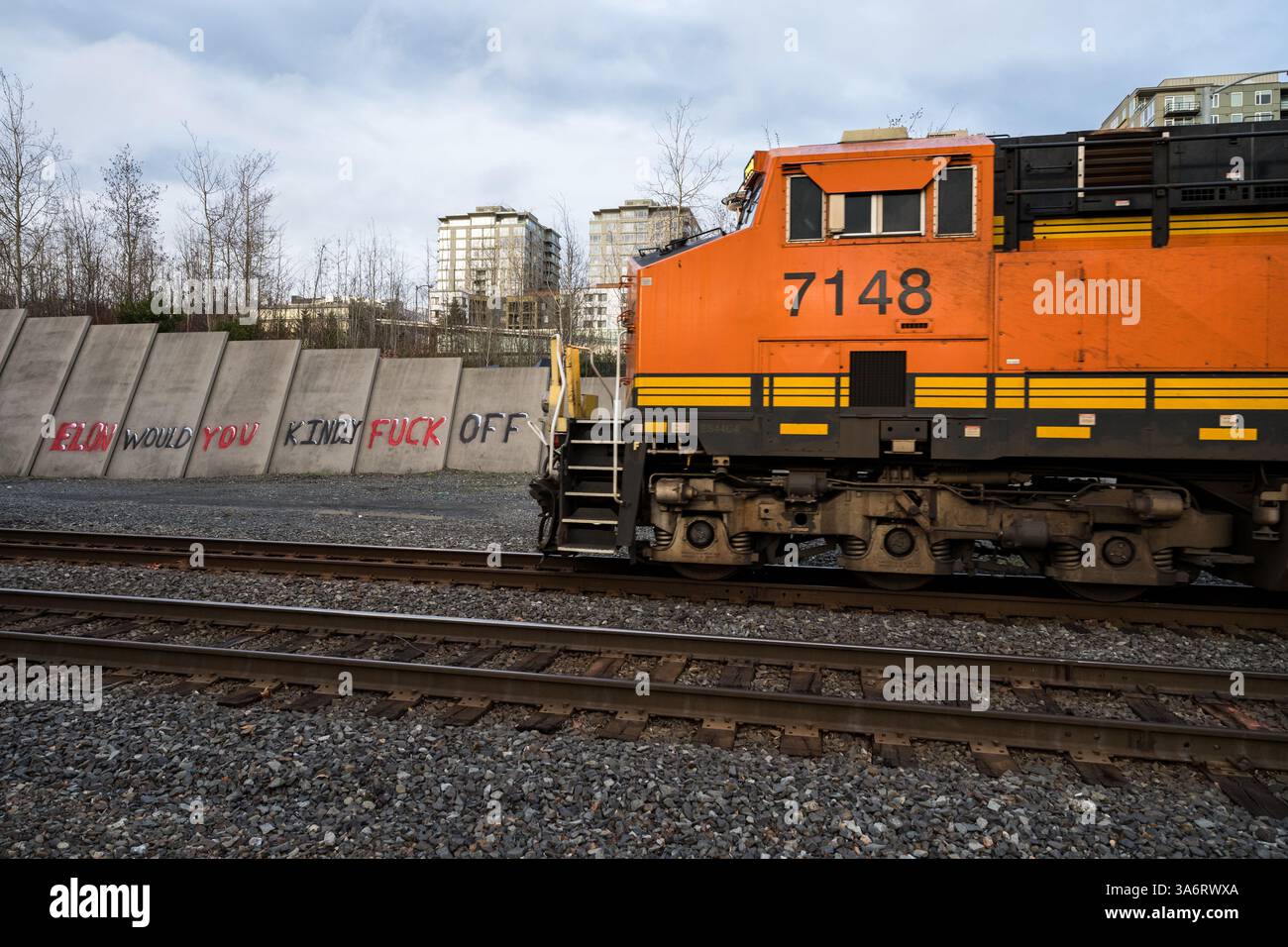 Seattle, USA. 24th Mar 2025. Anti Elon Musk graffiti on the Seattle ...