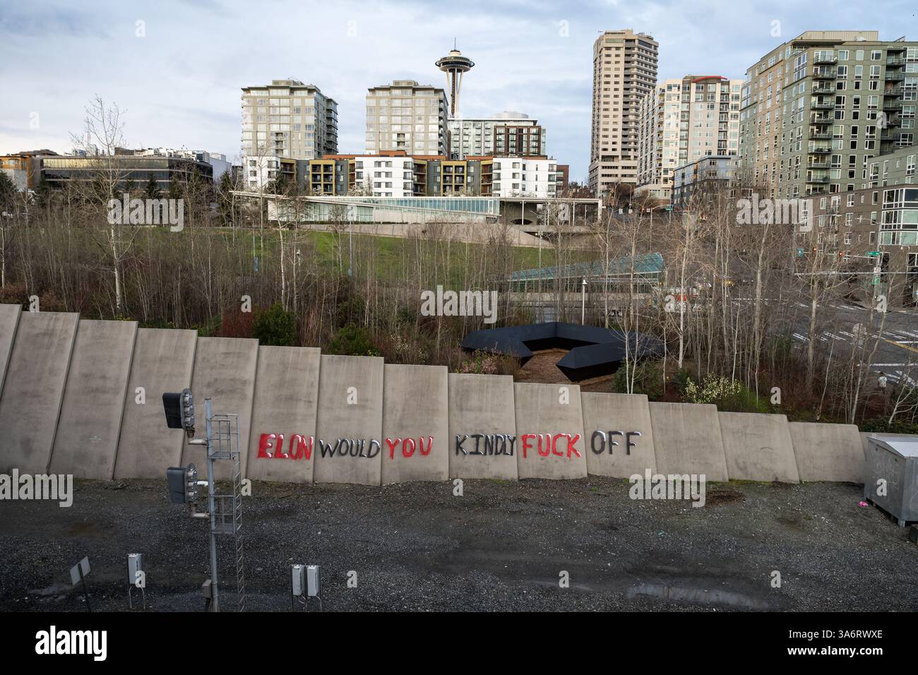 Seattle, USA. 24th Mar 2025. Anti Elon Musk graffiti on the Seattle ...