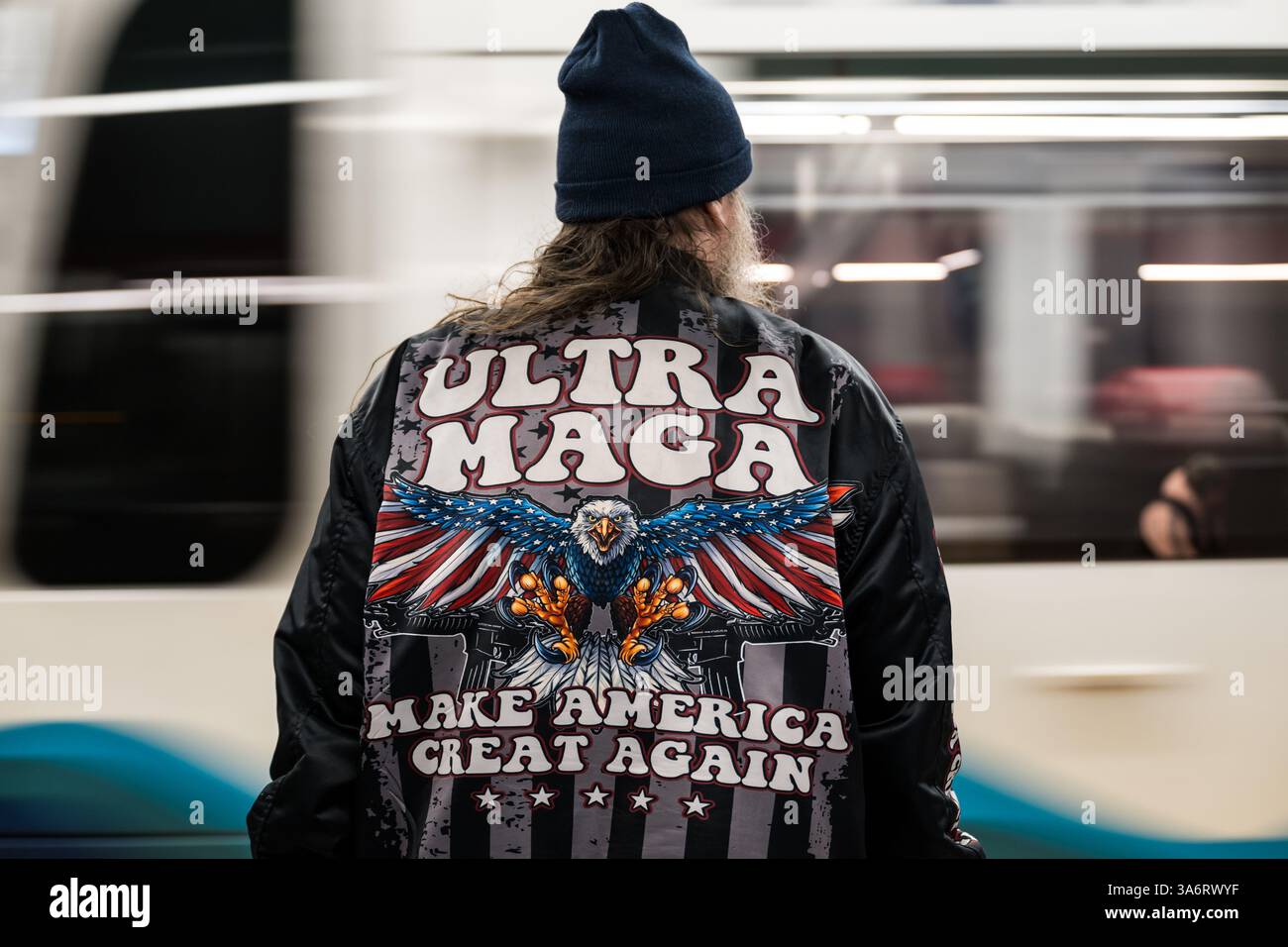 Seattle, USA. 18th Mar 2025. Person wearing an Ultra Maga jacket in ...